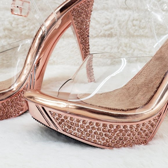Pleaser | Shoes | Rose Gold Rhinestone High Heel Platform Sandals Clear ...